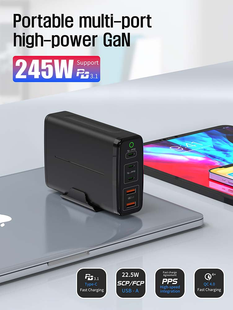 Technoamp GaN 245W 140W USB Type CPD 3.1 5 ports QC3.0 wall charger Ch ...