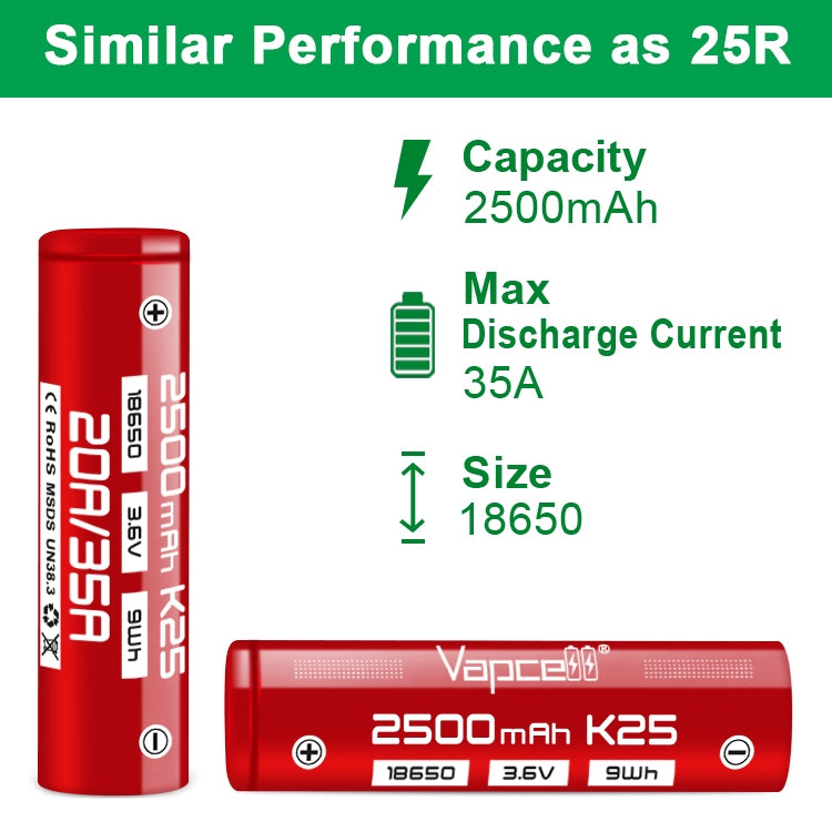 1PC Vapcell 18650 B34 3400mah 10A/25A K25 2500mah 20A/35A 3.7V Li ion ...
